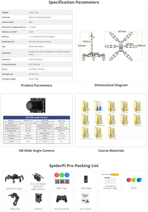 SpiderPi Pro Hiwonder Hexapod Robot With AI Vision Robotic Arm With Raspberry Pi GB Oz