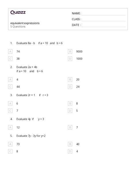 50 Equivalent Expressions Worksheets On Quizizz Free Printable