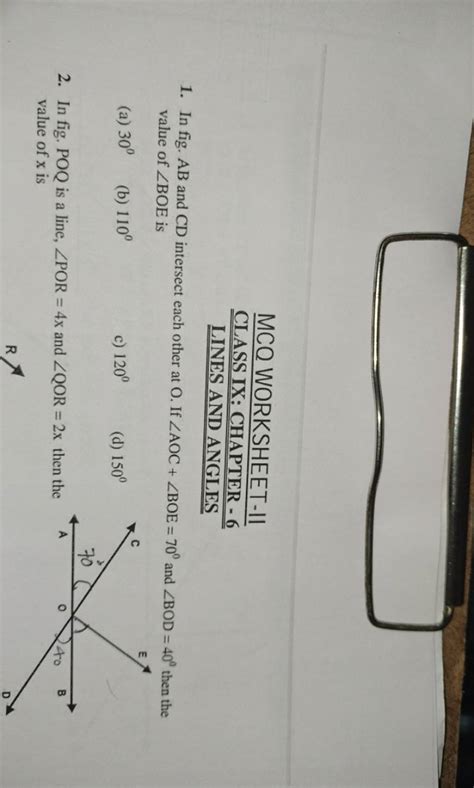 MCQ WORKSHEET II CLASS IX CHAPTER 6 LINES AND ANGLES 1 In Fig AB And