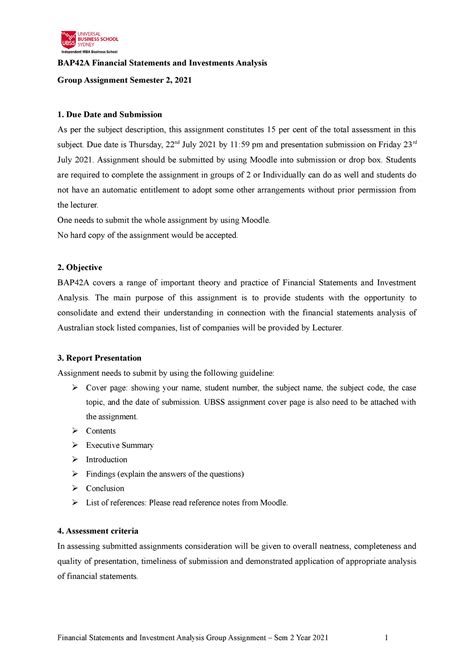 Assignment Guideline Material Bap42a Financial Statements And Investments Analysis Group