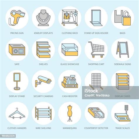 소매 상점 플랫 라인 아이콘을 제공합니다 가 게 장비 표시 무역 상업적인 개체금전 등록기 바구니 저울 쇼핑 바구니 선반 디스플레이 케이스 창 고 저장소에 대 한 얇은 색된