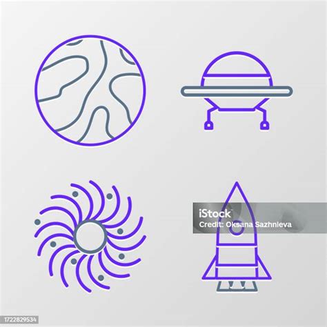 세트 라인 로켓 우주선 블랙홀 Ufo 비행 우주선 및 떨어지는 별 아이콘 벡터 Launch Party에 대한 스톡 벡터 아트 및 기타 이미지 Launch Party