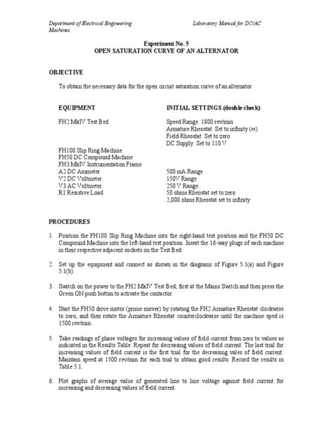 Expt 5 Open Saturation Curve Of An Alternator Pdf Alternating Current Power Engineering