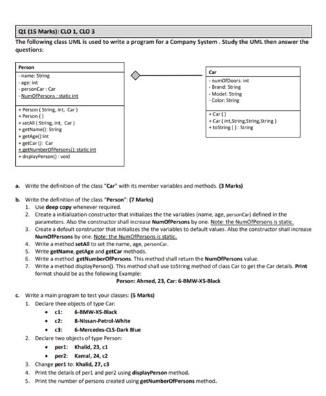 solved q1 15 marks clo 1 clo 3 the following class uml