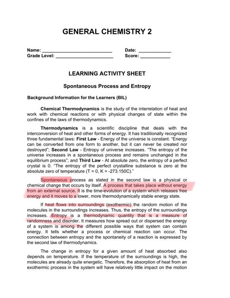 spontaneous processes and entropy chemistry activity sheet
