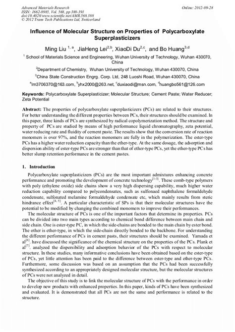 Influence Of Molecular Structure On Properties Of Polycarboxylate Superplasticizers Scientific Net