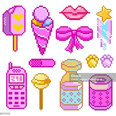 픽셀 아트 8비트 Ute 게임 클립 아트 팩 개체입니다 레트로 디지털 게임 자산 핑크 패션 아이콘의 집합입니다 빈티지 비디오 게임 아케이드 컴퓨터 비디오 그래픽 사용자