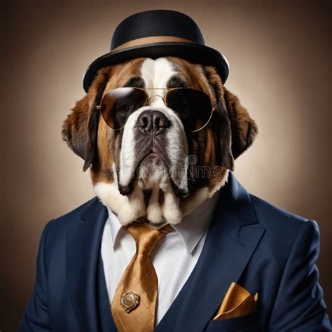 Portrait Of A Saint Bernard Dog In Suit With Hat Sunglasses And Cigar