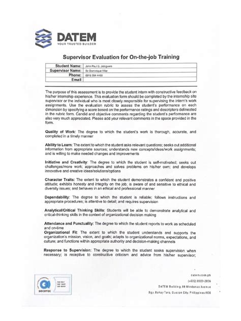 Operation Supervisor Evaluation Form Pdf