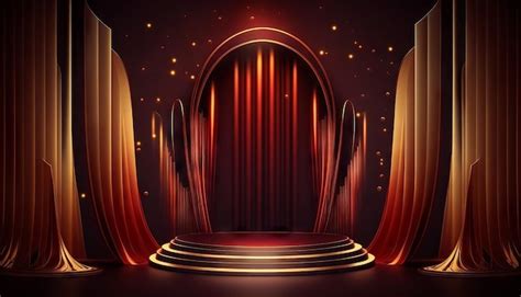 레드 카펫 럭셔리 배경 생성 Ai에 붉은 밤색 황금 커튼 무대 상 배경 트로피 프리미엄 사진