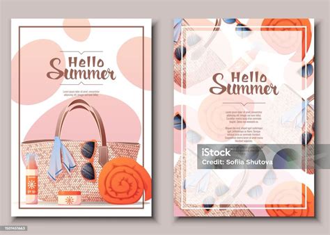 전단지 템플릿에는 여름 액세서리가 들어 있습니다 고리 버들 세공 가방 수건 자외선 차단제 해변 분위기 여름철 배너 포스터 여름 파티 배경 광고 홍보 초대장 0명에 대한 스톡