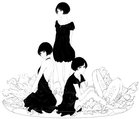 Safebooru 3girls Arms Behind Back Back Barefoot Black Hair Bob Cut