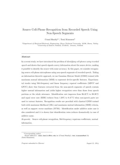 Source Cell Phone Recognition From Recorded Speech Using Non Speech