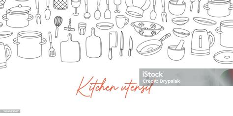 주방 용품 배너입니다 주방용품 수평 배경 세라믹 접시 머그잔 컵 와인 잔 프라이팬 소쿠리 강철 강판 롤링 핀 가정 생활에 대한