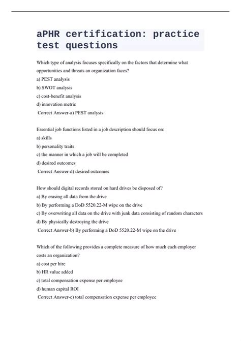 APHR Certification Practice Test Questions With Correct Answers APHR Associate Professional