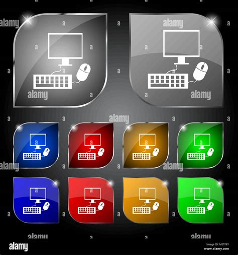 Computer Widescreen Monitor Keyboard Mouse Sign Icon Set Colourful Buttons Vector