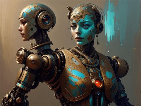 Premium Ai Image A Woman With A Blue And Gold Dress And A Blue Robot