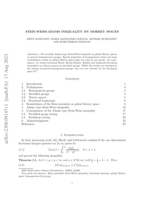 Pdf Stein Weiss Adams Inequality On Morrey Spaces