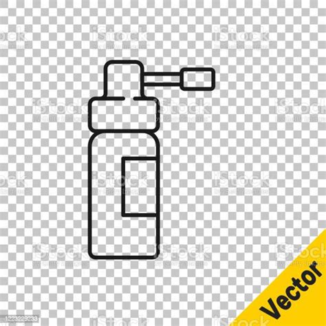 투명 한 배경에 고립 된 코와 목 아이콘의 질병 치료를 위한 노즐 스프레이와 블랙 라인 의료 병 벡터 일러스트레이션 건강 진단에
