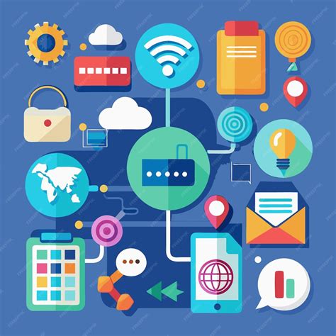 Colorful Icons On A Blue Background Showing Connections And Networking Premium Ai Generated Vector