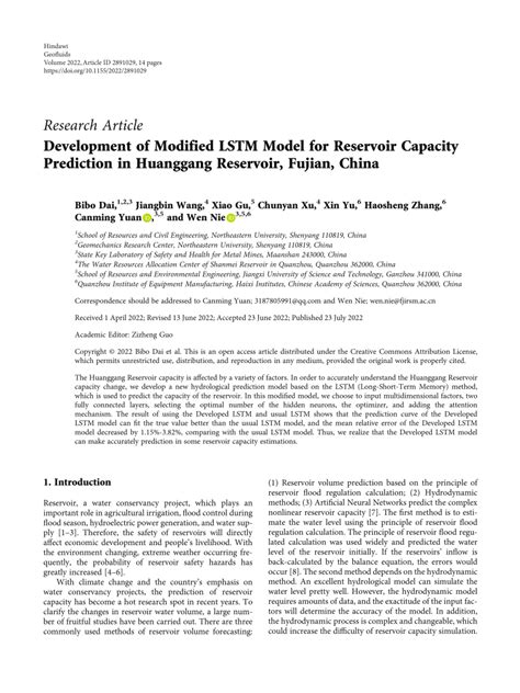 Pdf Development Of Modified Lstm Model For Reservoir Capacity Prediction In Huanggang