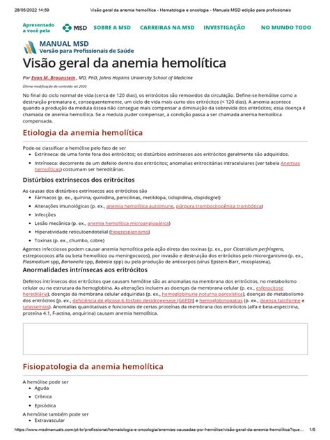 Visão Geral Da Anemia Hemolítica Hematologia E Oncologia Manuais Msd Edição Para