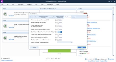 import settings in saasant transactions desktop