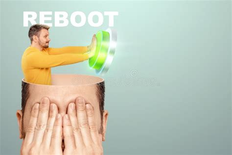 In The Man`s Head The Brain Presses The Reset Button The Concept To Charge The Brain Support