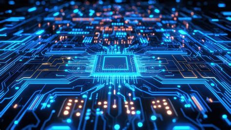 Glowing Blue Digital Circuit Board With Central Microchip Surrounded By Intricate Neon Pathways