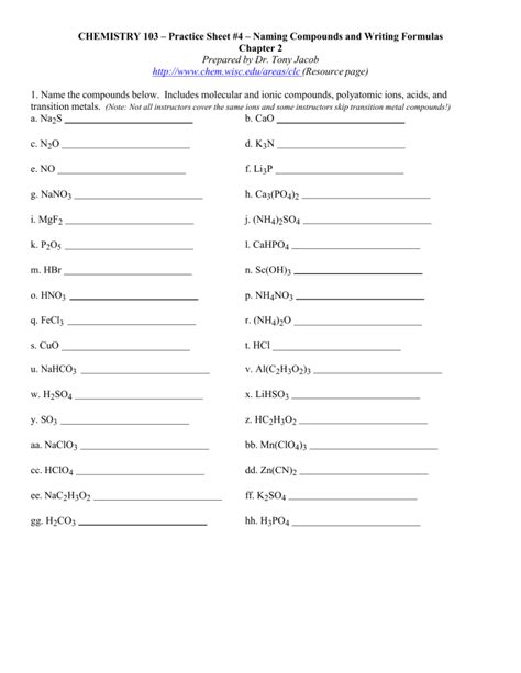 Chemistry Naming Formulas Practice Sheet