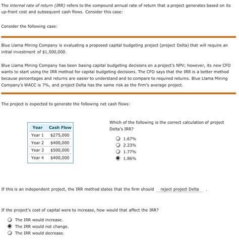 Solved The Internal Rate Of Return Irr Refers To The