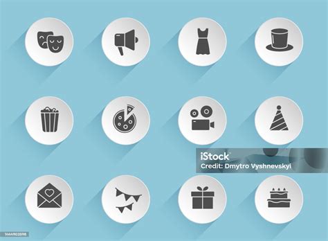 파란색 배경에 투명한 그림자가있는 둥근 푹신한 종이 원에 파티 벡터 아이콘 웹 모바일 및 사용자 인터페이스 디자인을위한 파티 스톡 벡터 아이콘 Film Festival에