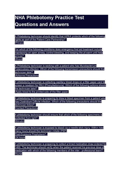 Nha Phlebotomy Practice Test Questions And Answers Exams Clinical