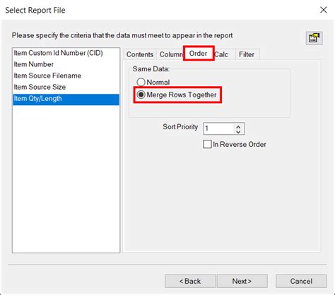 rows are not merged for items of the same size in fabrication reports
