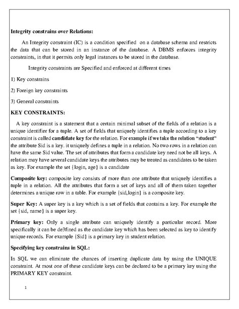 Dbms 2nd Unit Final Integrity Constrains Over Relations An Integrity Constraint Ic Is A