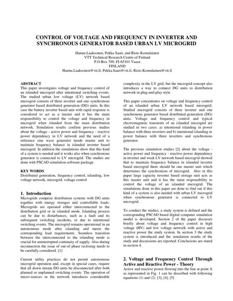 Pdf Control Of Voltage And Frequency In Inverter And Synchronous Generator Based Urban Lv