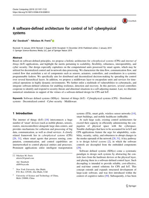 Pdf A Software Defined Architecture For Control Of Iot Cyberphysical Systems