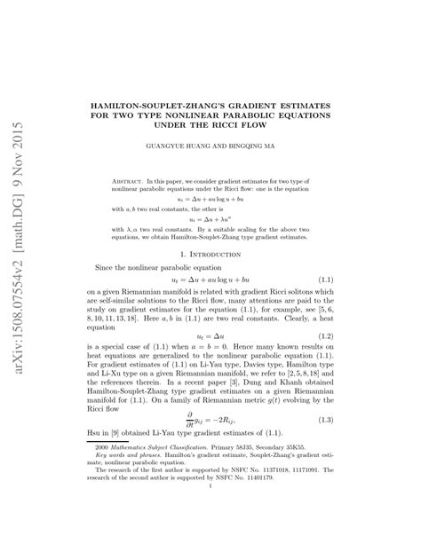 Pdf Hamilton Souplet Zhangs Gradient Estimates For Two Type Nonlinear Parabolic Equations