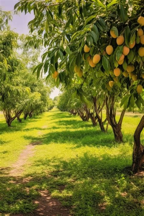Mango Trees With Fruit In Row In Nature Created Using Generative Ai