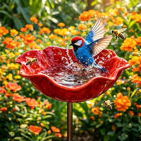 Handmade Metal Flower Garden Stake Bird Bath Mini Bee