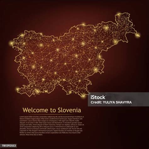 슬로베니아지도 어두운 기하학적 배경에서 추상 매시 선 및 점 축척 와이어 프레임 3d 메쉬 다각형 네트워크 라인 디자인 구 점 및 구조 벡터 일러스트레이션 Eps 10