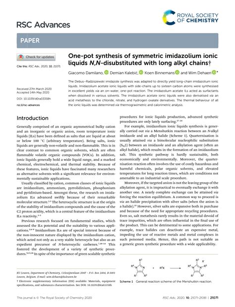 Pdf One Pot Synthesis Of Symmetric Imidazolium Ionic Liquids Nn