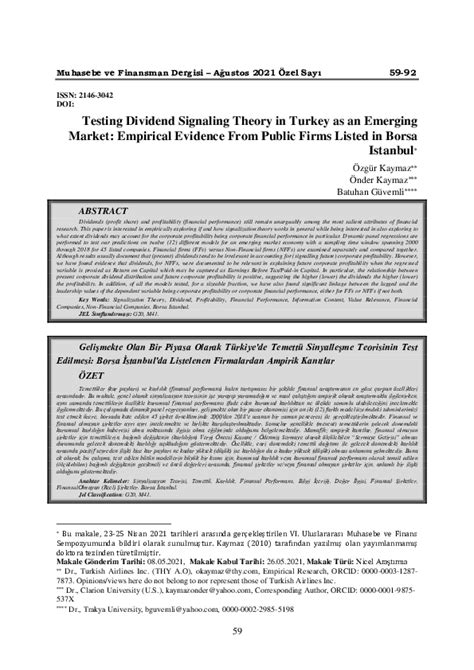 Pdf Testing Dividend Signaling Theory In Turkey As An Emerging Market