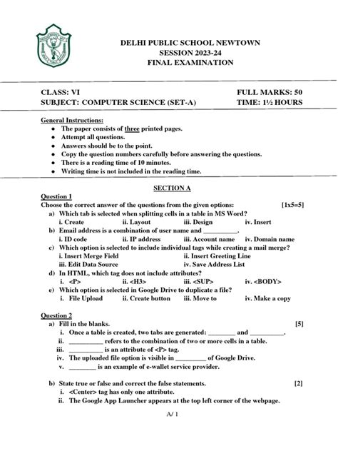 Cl 6 Final Exam Computer Science Set A Pdf Html Computer File