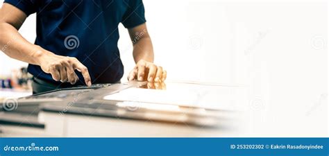 Photocopier Printer Close Up Hand Office Man Press Copy Button On Panel To Using The Copier Or