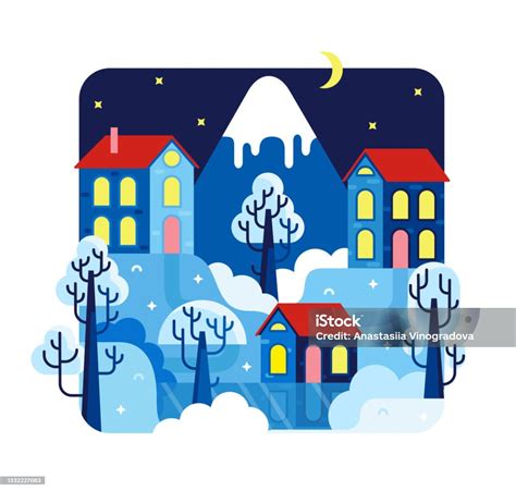붉은 지붕이있는 3 채의 집이있는 겨울 밤 풍경 플랫 타일벡터 만화 일러스트레이션 호수 에 의해 작은 마을 밤 하늘에 눈 산 초승달과 별으로 덮여 나무 2차 도형에 대한