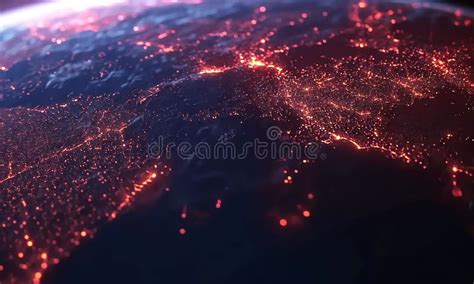 Detailed View Of Earth S Night Side Highlighted By City Lights And Volcanic Activity Stock