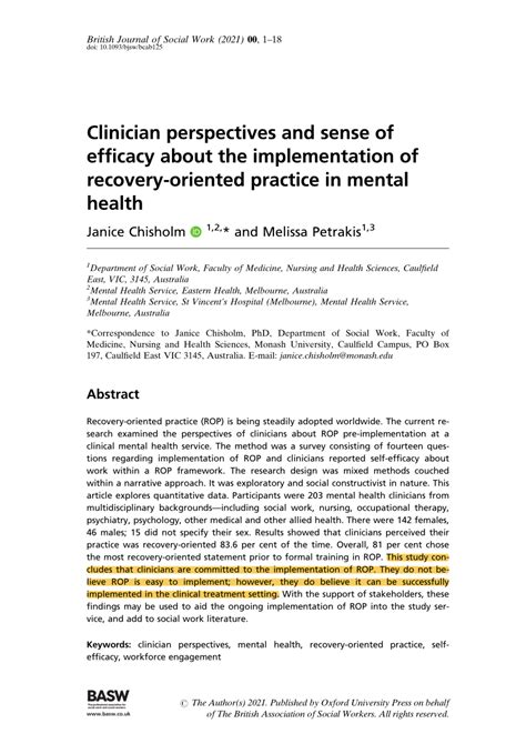 pdf clinician perspectives and sense of efficacy about the