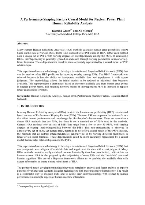 Pdf A Performance Shaping Factors Causal Model For Nuclear Power