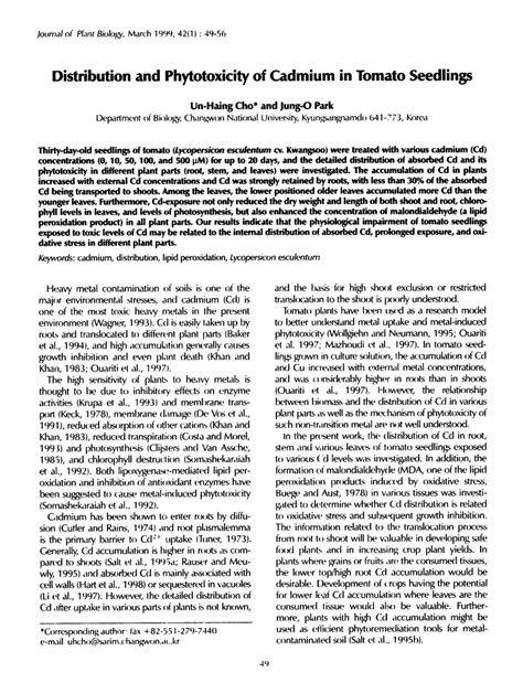 Pdf Distribution And Phytotoxicity Of Cadmium In Tomato Seedlings